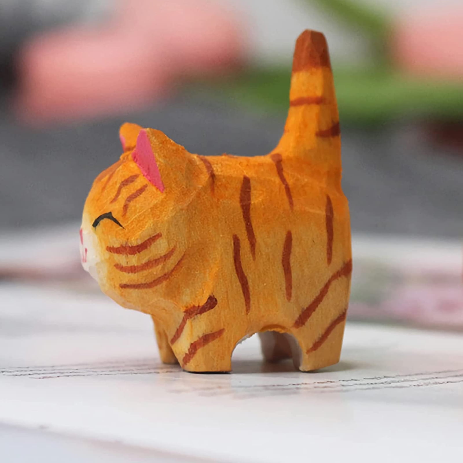 1pc Handmade Wooden Cat Sculpture Ornament Mini Cute Orange Cats ...