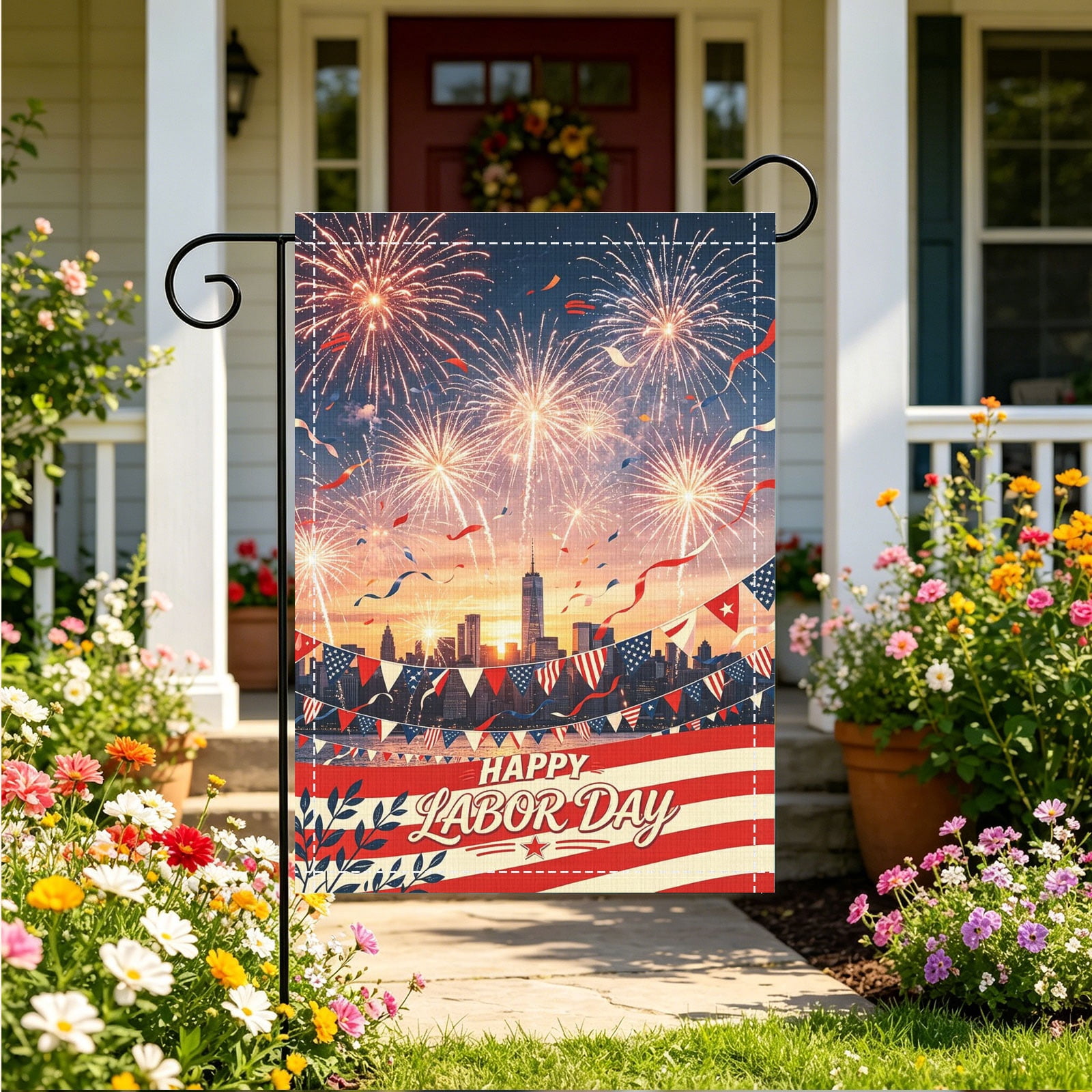 1pc Happy Labor Day Fireworks & NY Skyline Garden Flag, Double Sided 2D ...