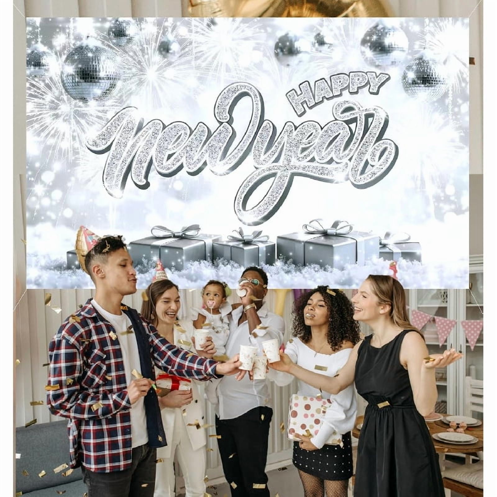 1pc Happy New Year Banner 71 x 43 Inch, Polyester Fabric Silver Glitter ...