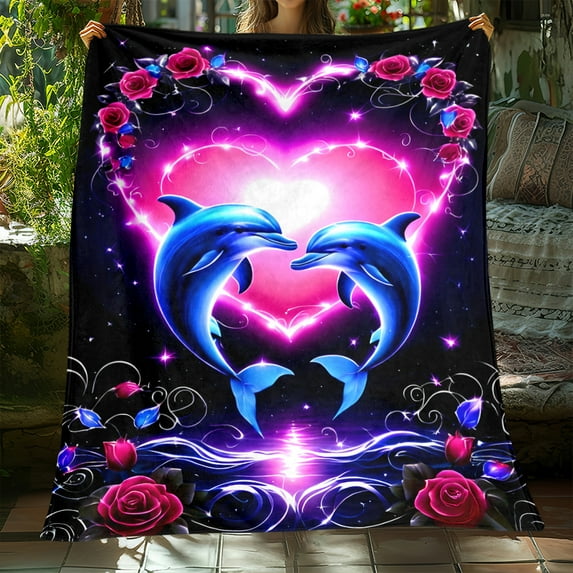 1pc Heart-Shaped Dolphin Design Polyester Throw Blanket - All-Season ...