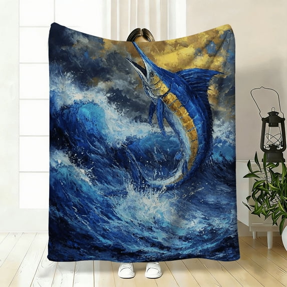 1pc Heavyweight 280gsm Flannel Blanket - Blue Golden Marlin Swordfish ...