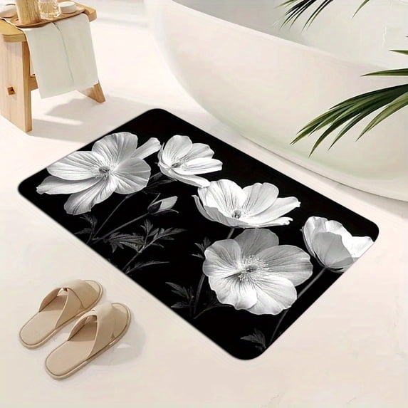 1pc High-End Luxury Black and White Floral Print Doormat | Soft Flannel ...
