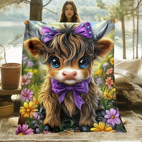 1pc Highland Cow with Purple BowFloral Fleece Throw Blanket ...
