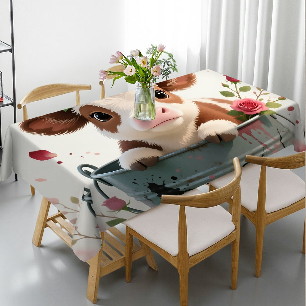 1pc Highland Cow Rose Print Tablecloths for dining table, Machine-Made ...