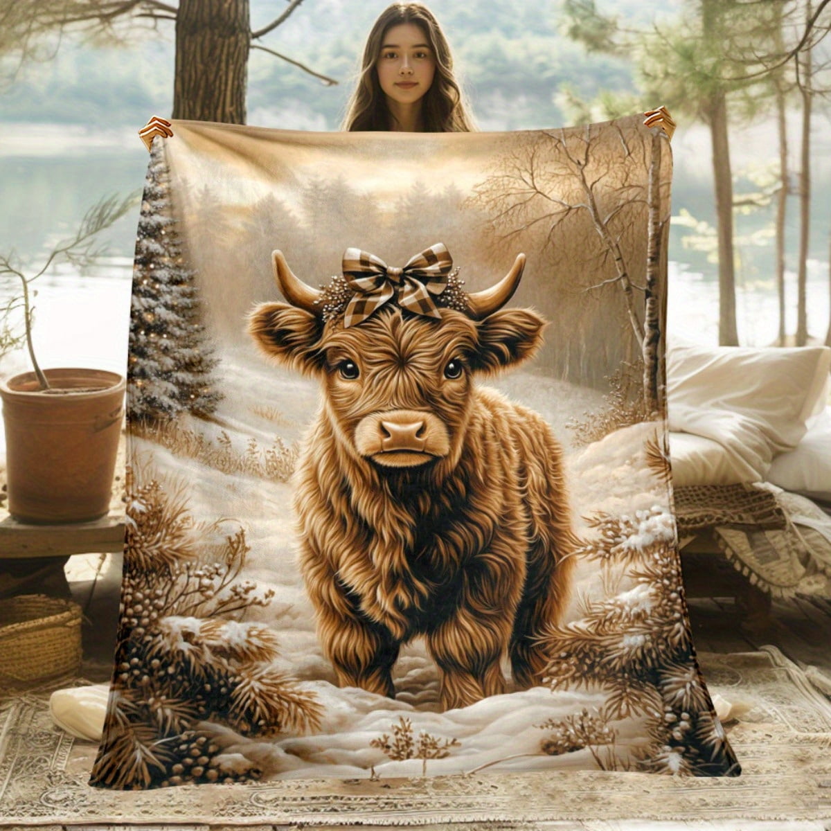1pc Highland Cow Winter Scene Flannel Throw Blanket - Ultra-Soft ...