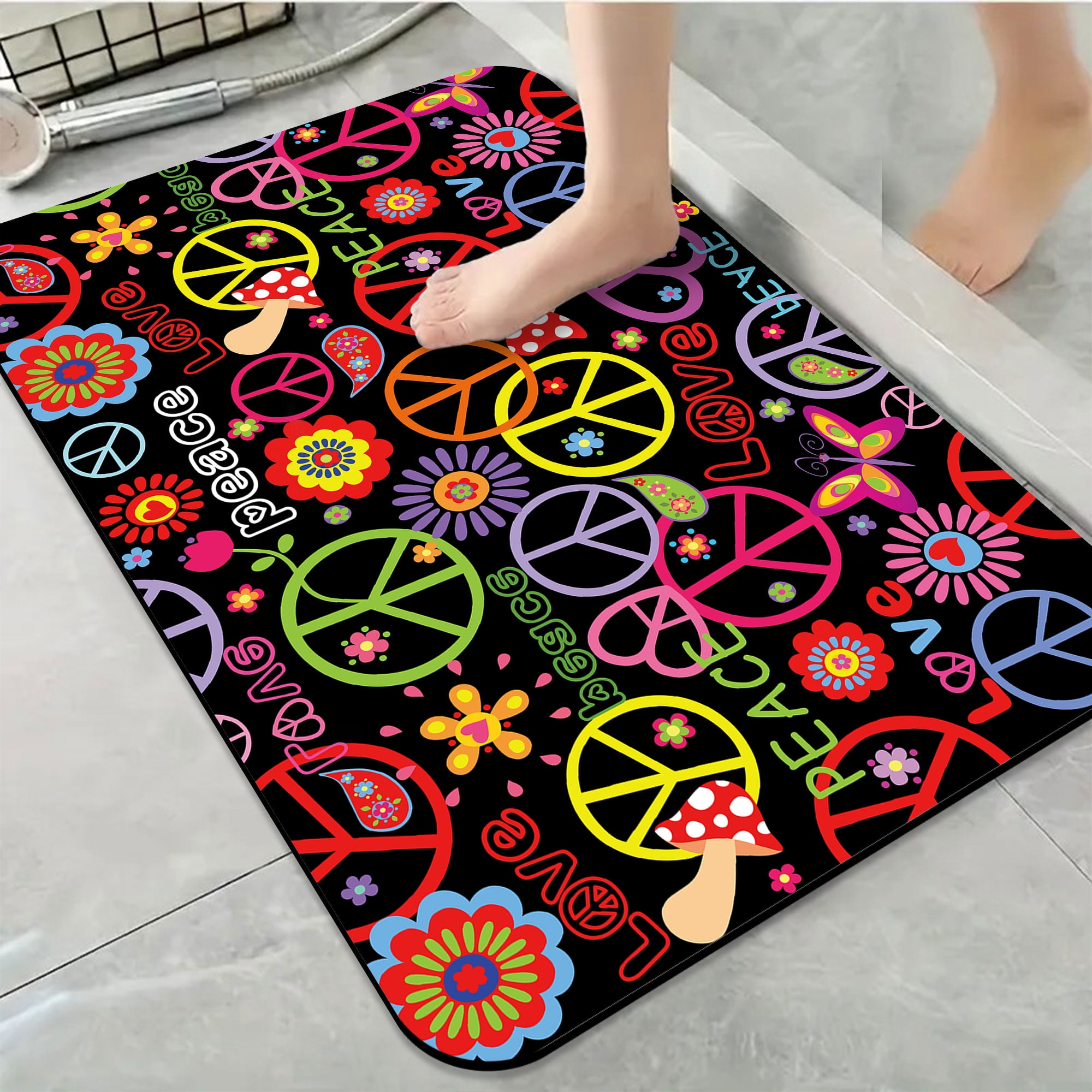 1pc Hippie style Peace and Love Motif Bathroom Rug Bathroom Decor and ...