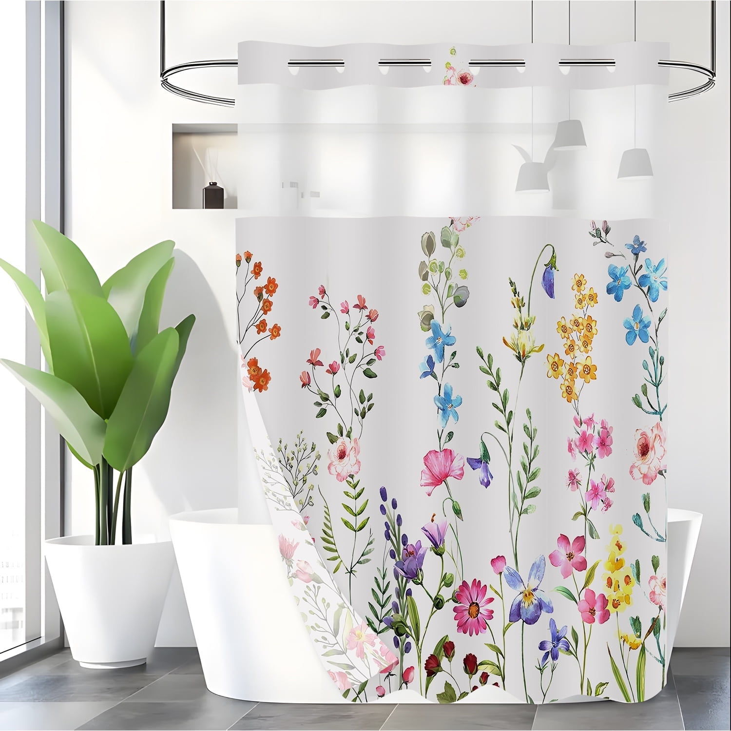 LVRLVR Hookless Large Grommet Top Colorful Floral Shower Curtain with ...