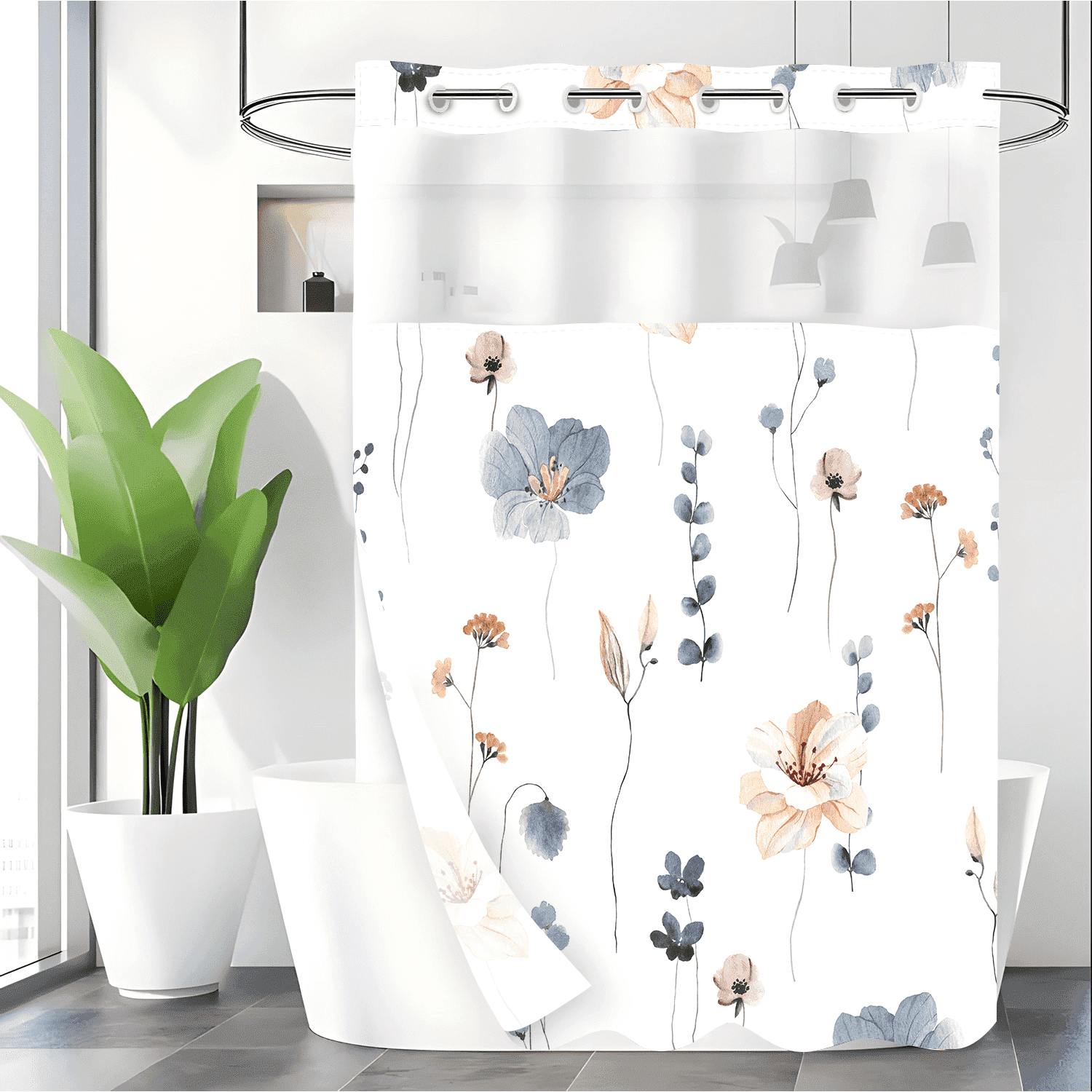 LVRLVR Hookless Large Grommet Top Colorful Floral Shower Curtain with ...