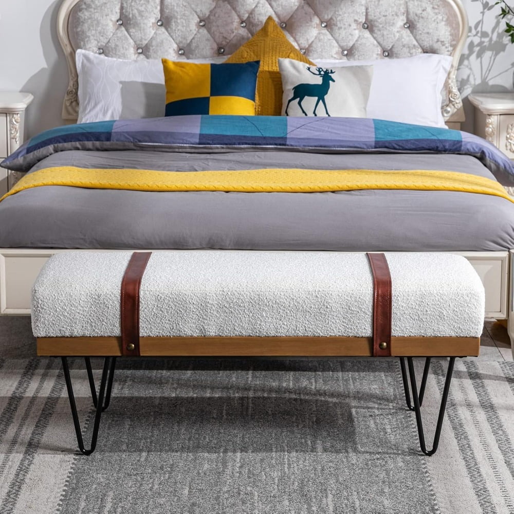 1pc Industrial Modern White Rectangle Ottoman Bench with PU Strap ...