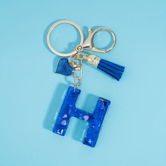 1pc Initial Car Keychain, Beautiful Blue Tassel Heart A-Z Letter ...