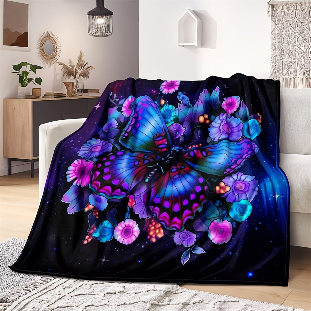1pc of Iridescent Butterfly Floral Blanket, Psychedelic Starry Sky ...