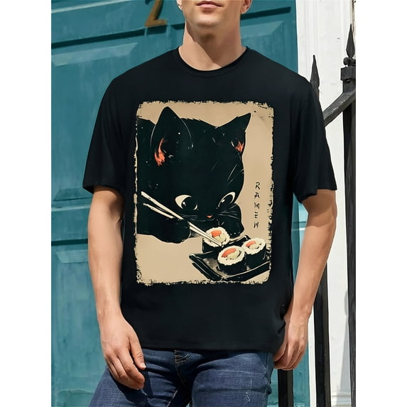 1pc Kawaii Cat Eating Sushi T-Shirt, 100% Cotton, Crew Neck, Short ...