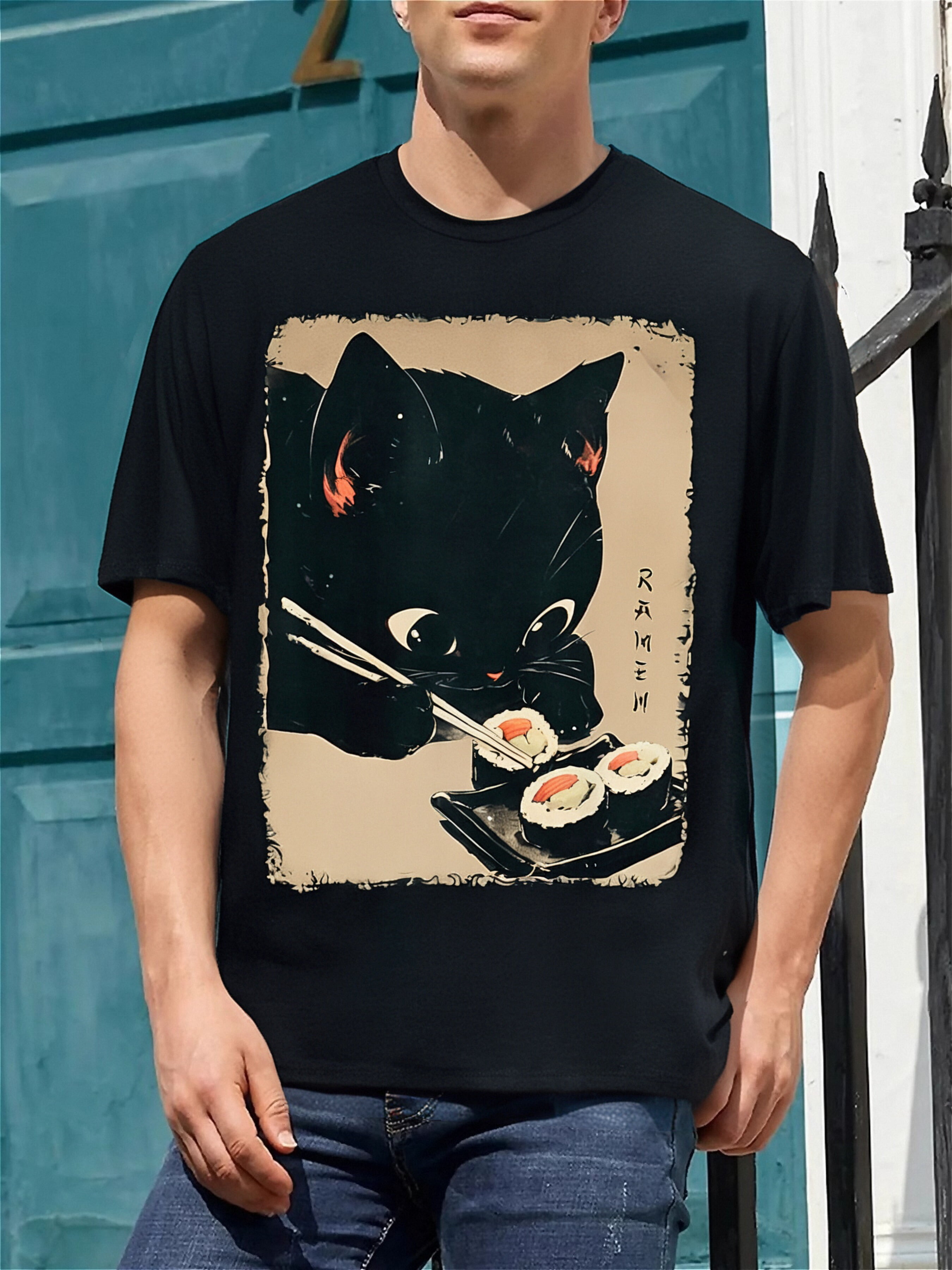 1pc Kawaii Cat Eating Sushi T-Shirt, 100% Cotton, Crew Neck, Short Sleeve, Casual Pullover ...