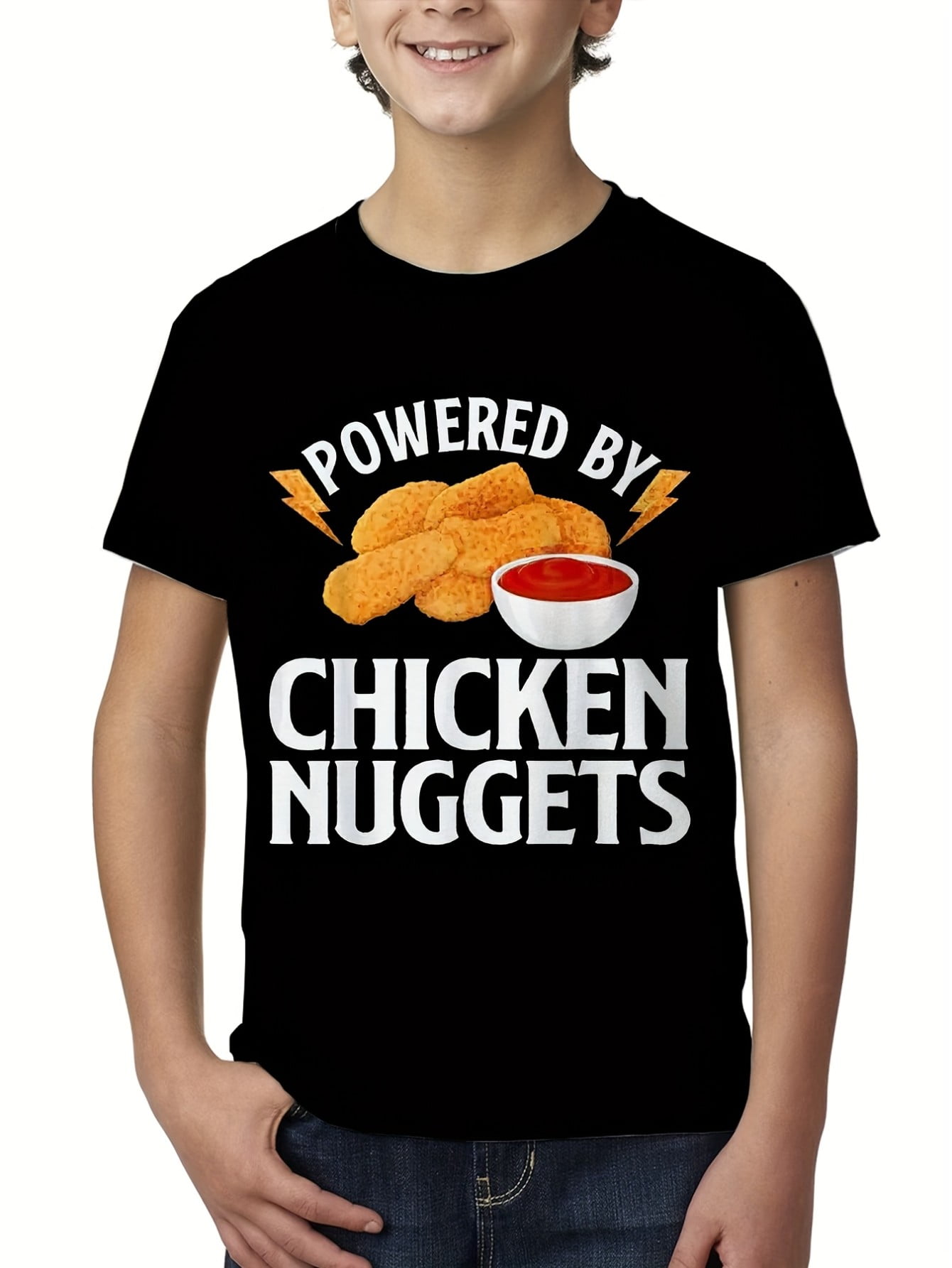 1pc Kids' "Powered by Chicken Nuggets" Funny Quote T-Shirt, Casual Crew ...