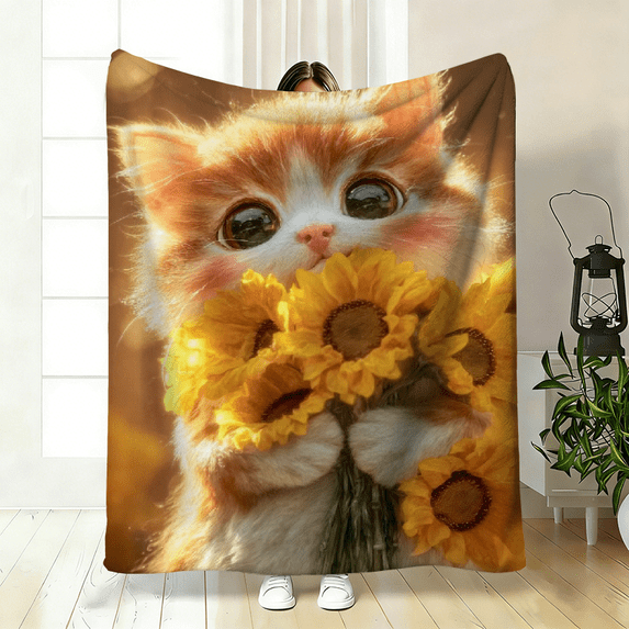 1pc a Kitten-Themed Blanket Featuring Sunflowers, Printed in High ...
