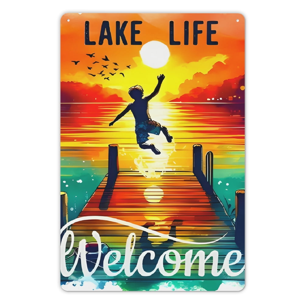1pc Lake Life metal sign 12x8 inches Featuring a Lakeside Sunshine ...