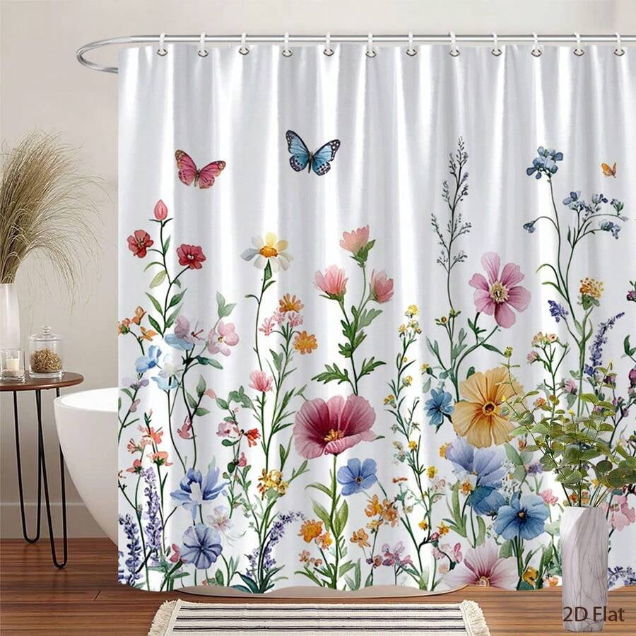 1pc Large Floral Shower Curtain - Semi-Sheer Bath Curtain With Hooks ...