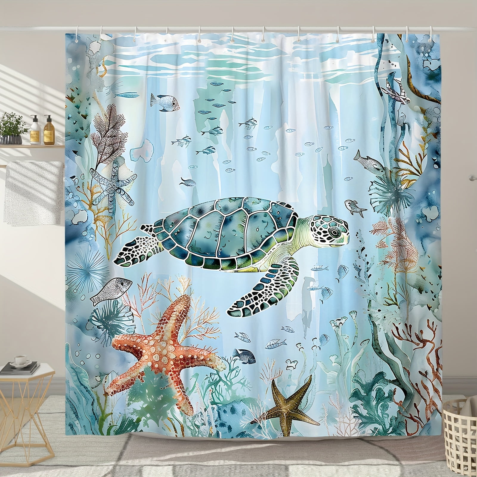 1pc Light Blue Watercolor Turtle Starfish Coral Ocean Shower Curtain ...