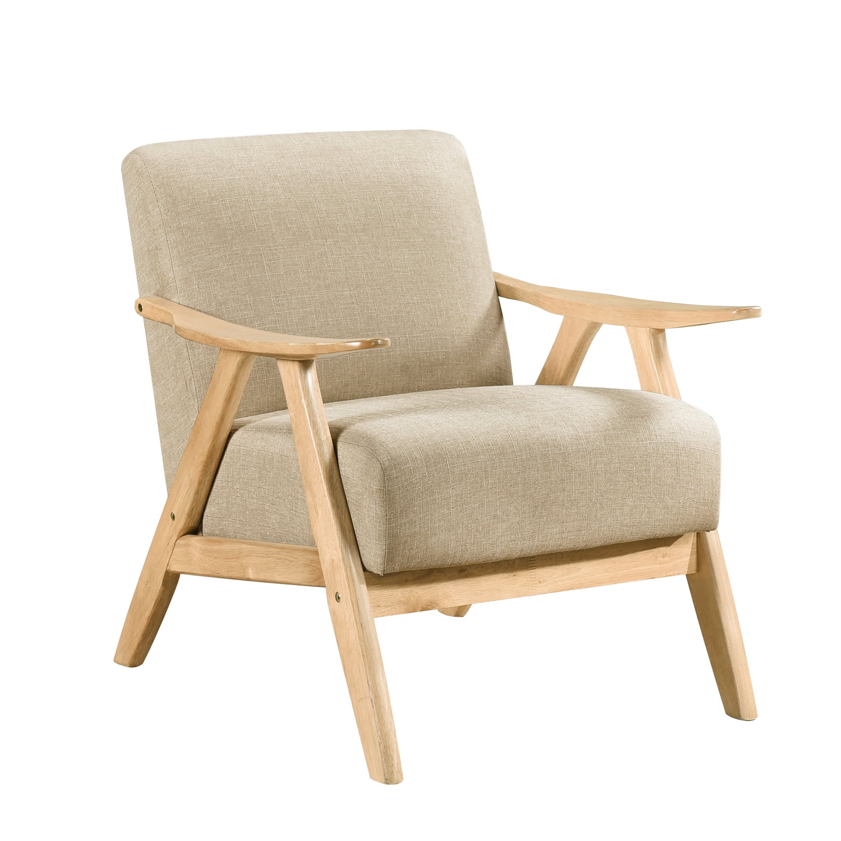 1pc Light Brown Accent Chair with Textured Fabric and Rubberwood ...