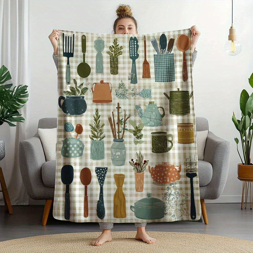 1pc Lightweight & Soft Flannel Throw Blanket - Vintage Kitchen Herb & Teapot Collage Print, Cozy ...