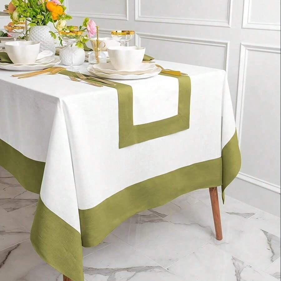 1pc Linen Tablecloth For Rectangular Tables - Multicolor White & Olive ...