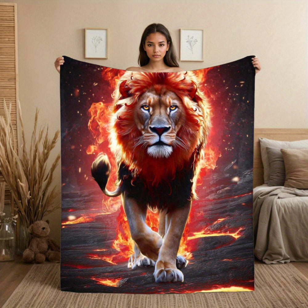 1pc Lion on Fire Flannel Throw Blanket - Black & Golden Lion with ...