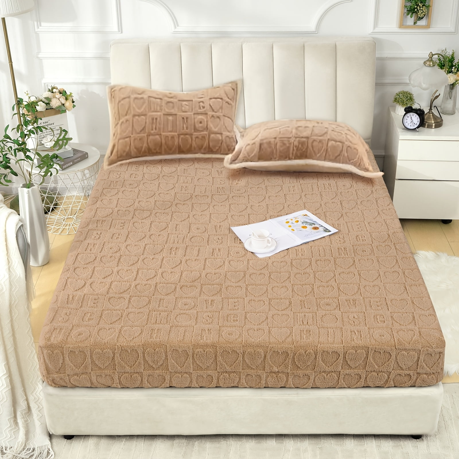 1pc Love Embossed Taffeta Velvet Fitted Sheet, Heart Milk Fleece Bed ...
