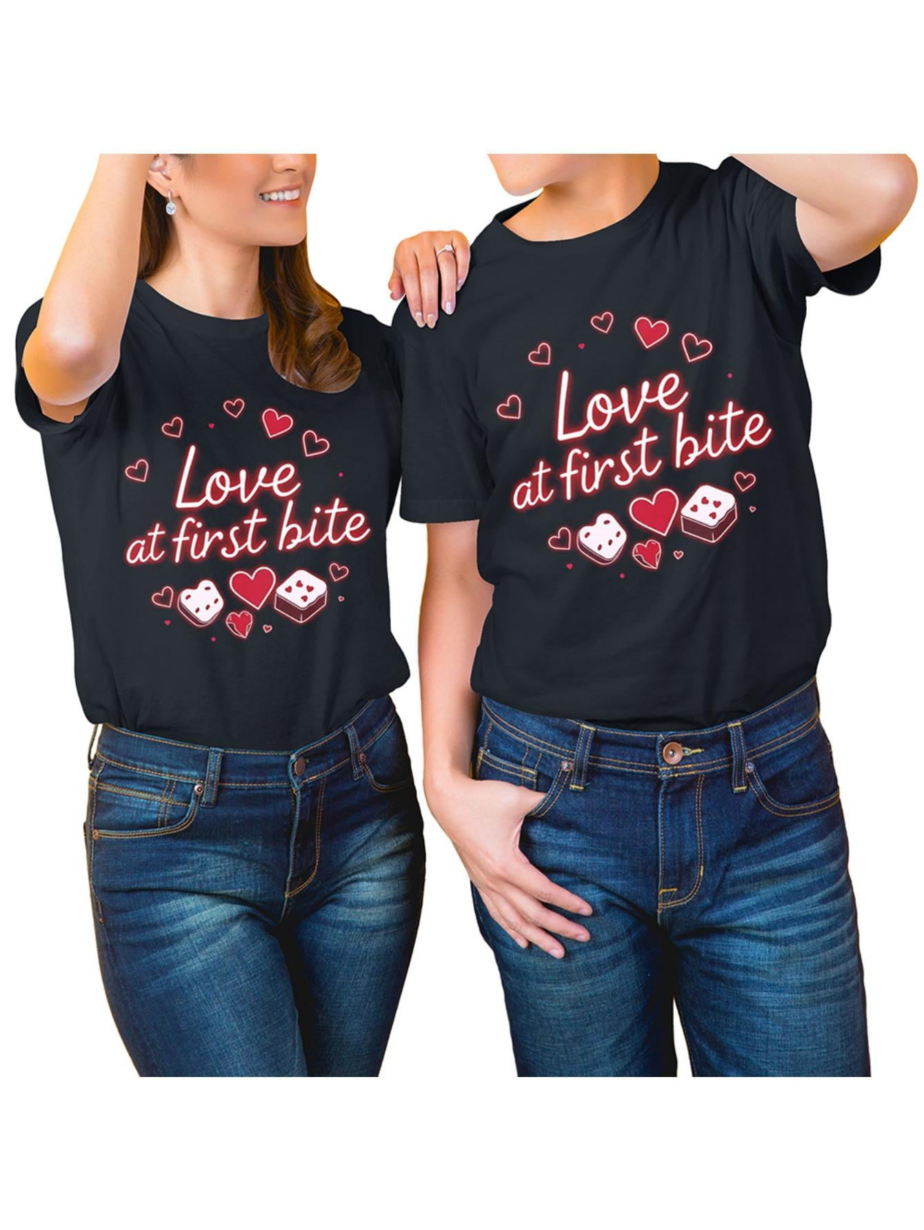 1pc "Love at First Bite" Matching Couples T-Shirt Set - His & Hers, 100% Cotton, Casual Black ...