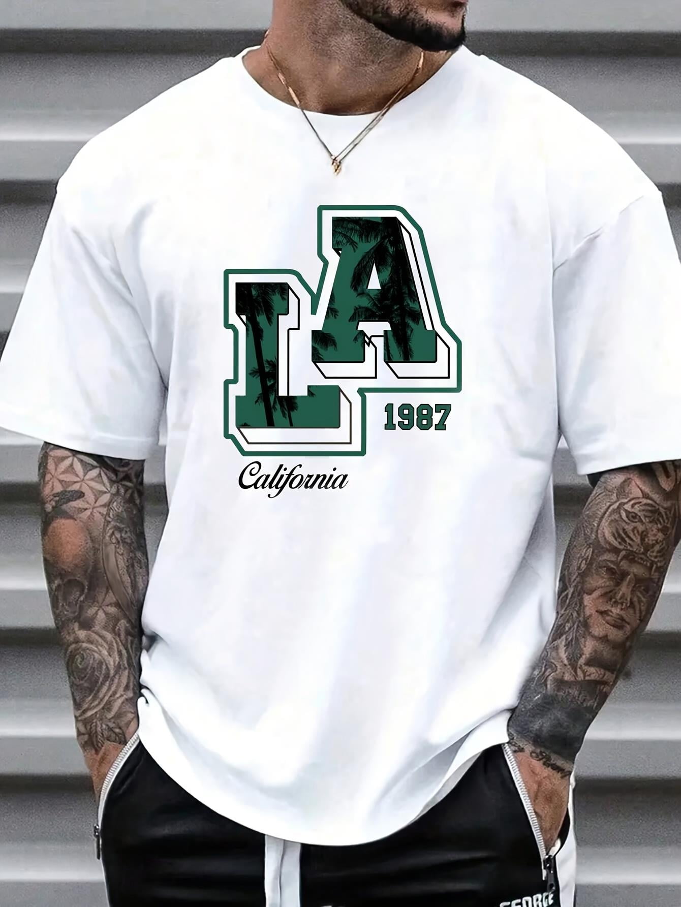 1pc MBDMBD Men's Casual Polyester T-Shirt with LA Print, Round Neck ...
