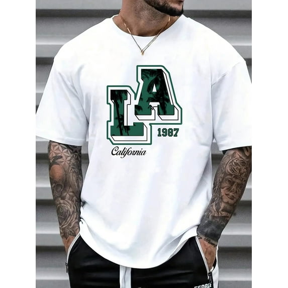1pc MBDMBD Men's Casual Polyester T-Shirt with LA Print, Round Neck ...