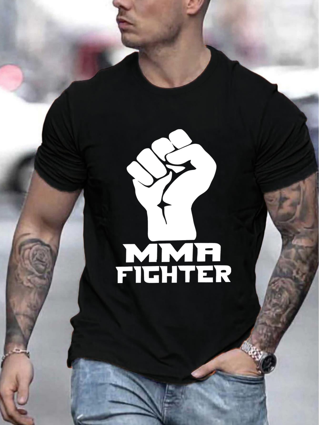 1pc MMA Fighter Fist Print T-Shirt, Casual Crew Neck Tee, Slight ...