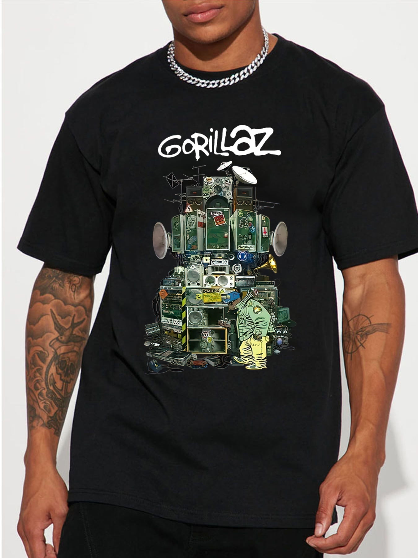 1pc Men'S Casual Cotton T-Shirt with Gorillaz Graphic, Short Sleeve ...