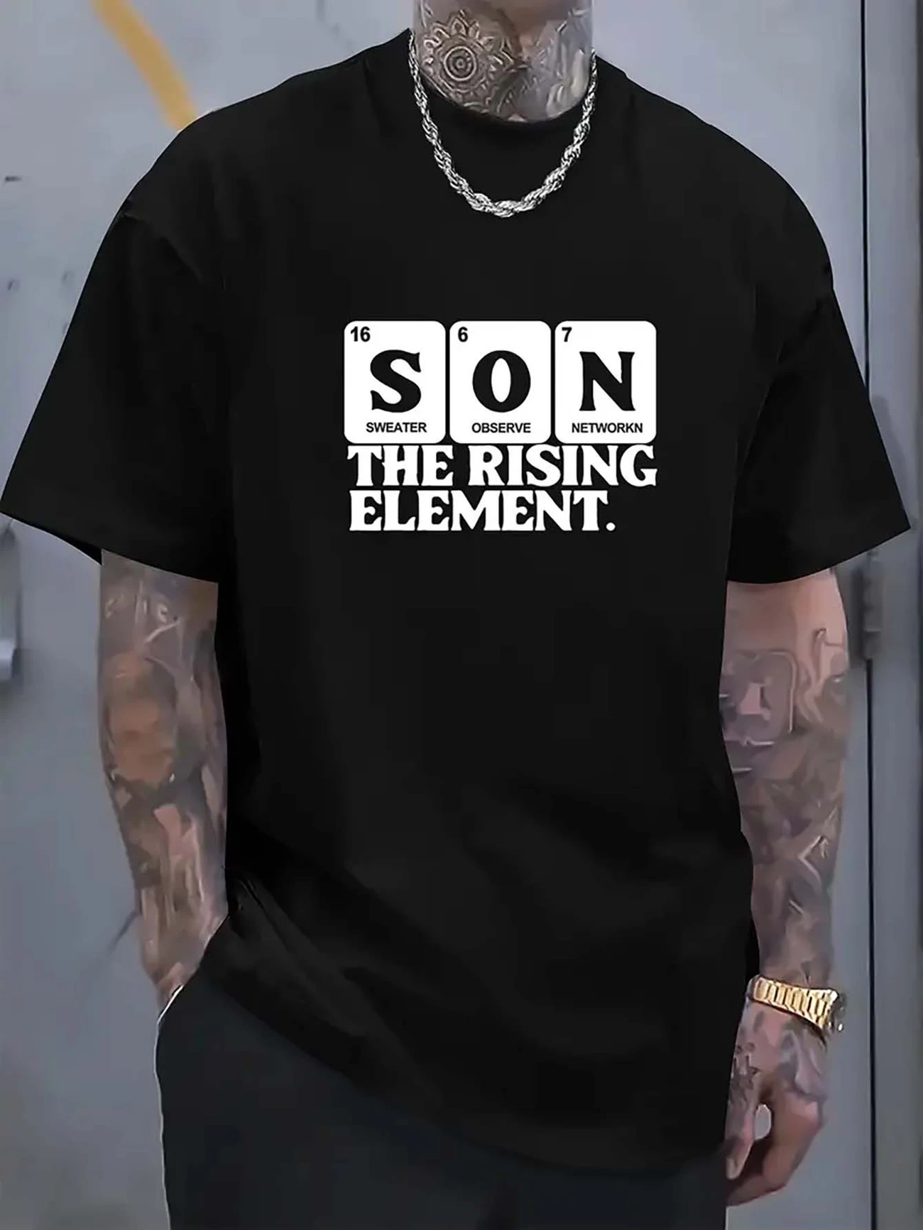 1pc Men'S Casual Cotton T-Shirt with "Son, The Rising Element" Print - Crew Neck, Short Sleeve ...