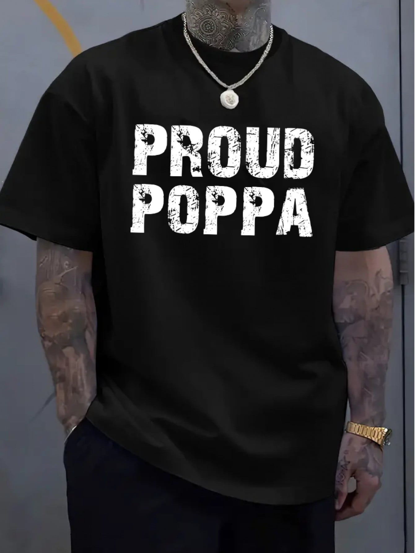 1pc Men'S Casual Crew Neck T-Shirt with "Proud Poppa" Print, Polyester ...