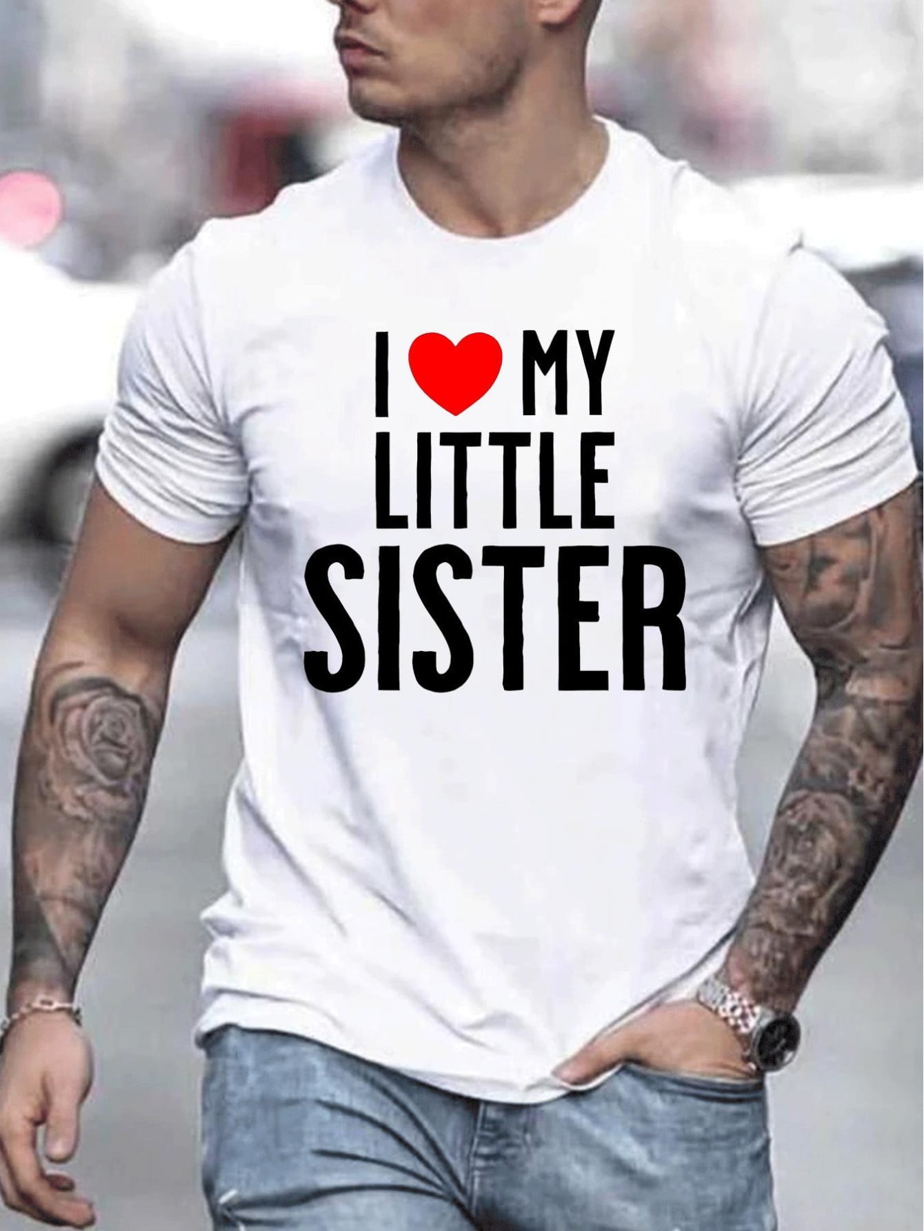1pc Men'S Casual Crew Neck T-Shirt with "I Love My Little Sister" Print ...