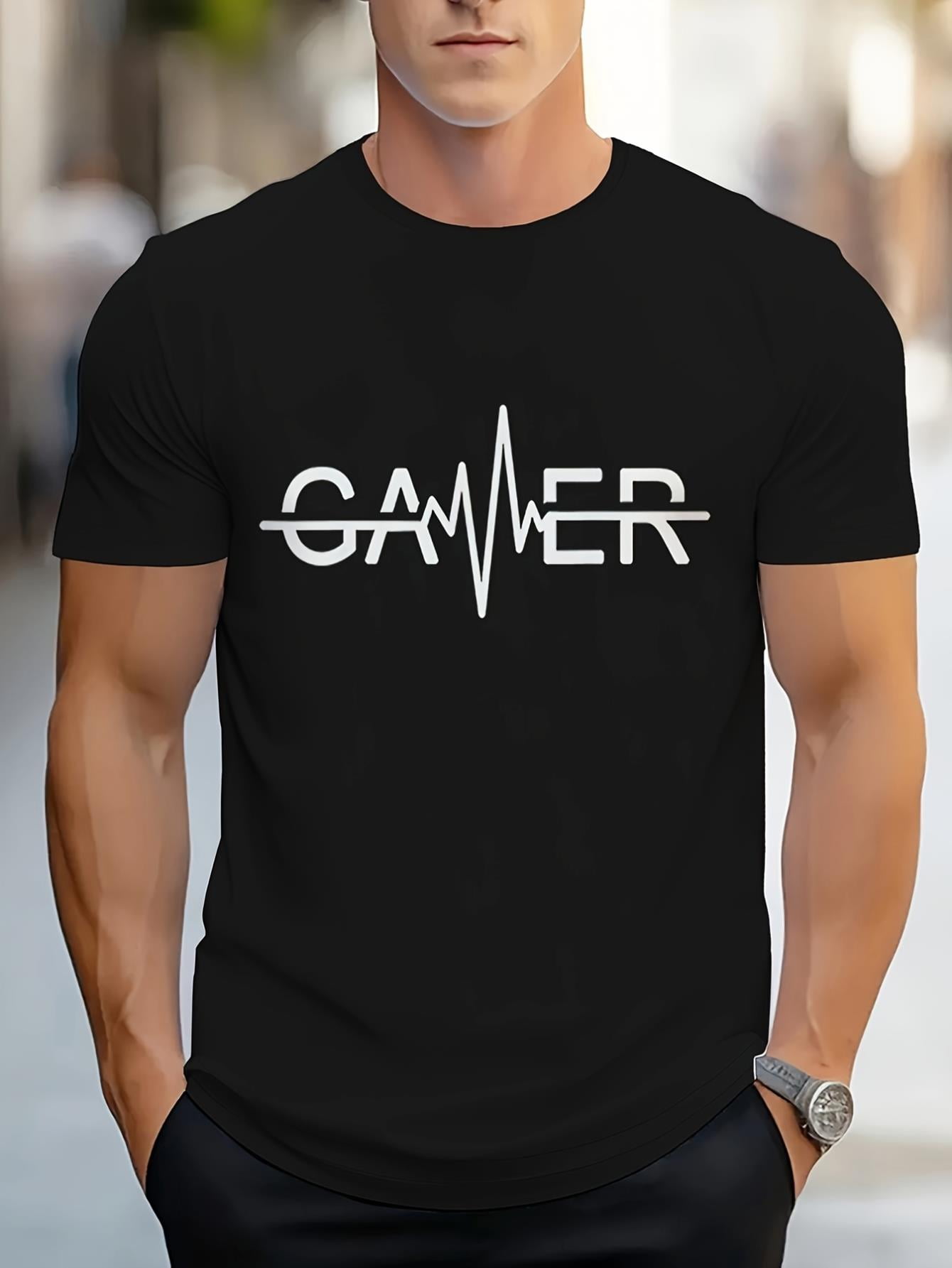 1pc Men'S Casual Polyester T-Shirt with Geometric Gamer Heartbeat ...