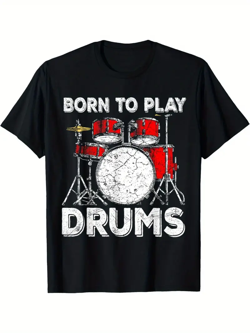 1pc Men'S Cotton Crew Neck T-Shirt - Born to Play Drums Graphic ...