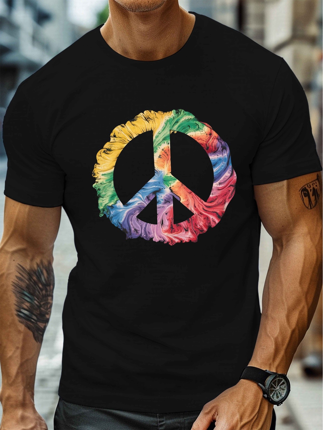 1pc Men'S Peace Symbol T-Shirt - Casual Crew Neck Short Sleeve Tee, 100 ...