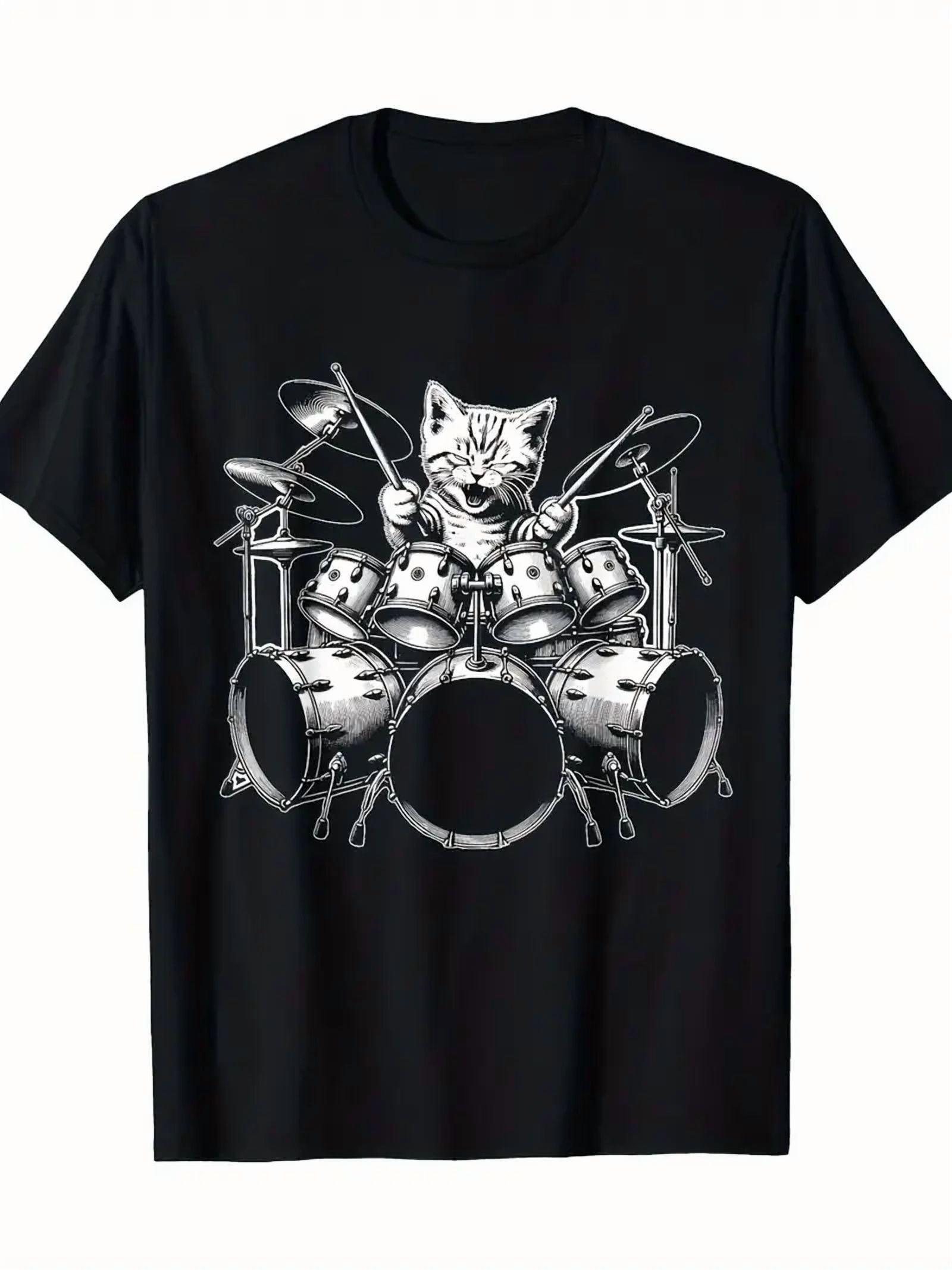 1pc Men'S Rock Band Kitten Drummer Cat 3D Print Graphic T-Shirt - Black ...