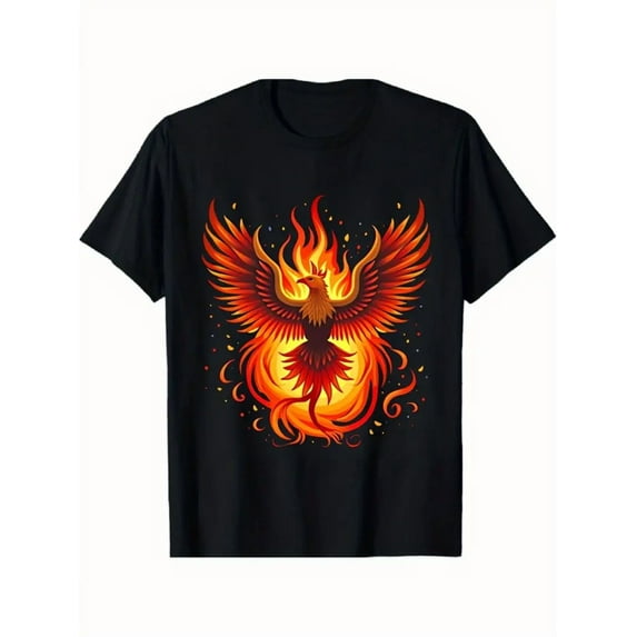1pc Men's Black Phoenix & Flame Print T-Shirt - Short Sleeve Crewneck ...