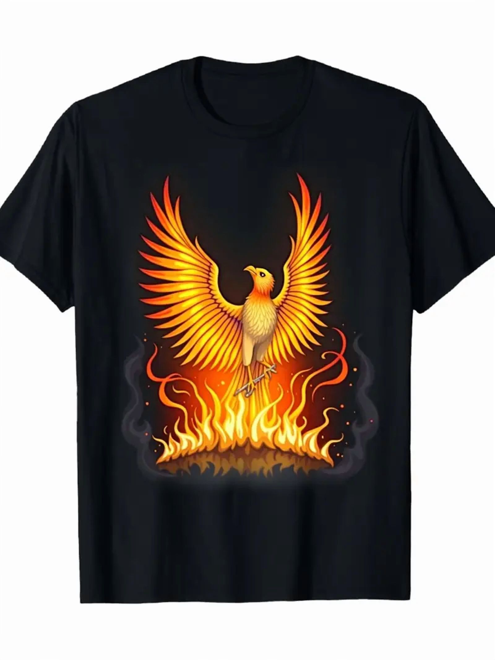 1pc Men's Black Phoenix & Golden Bird Flame Print T-Shirt - Short ...