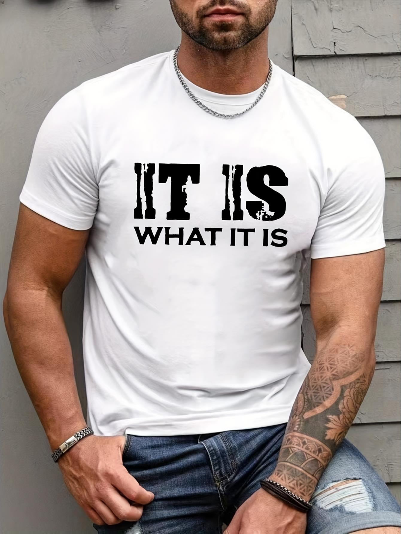1pc Men's Casual Crew Neck T-Shirt, 100% Polyester Knit Fabric, Alphabet Pattern "It Is What It ...