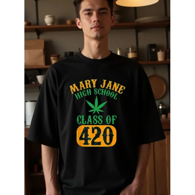 1pc Men's Class of 420 Weed Graphic T-Shirt - Black 100% Cotton Crew ...