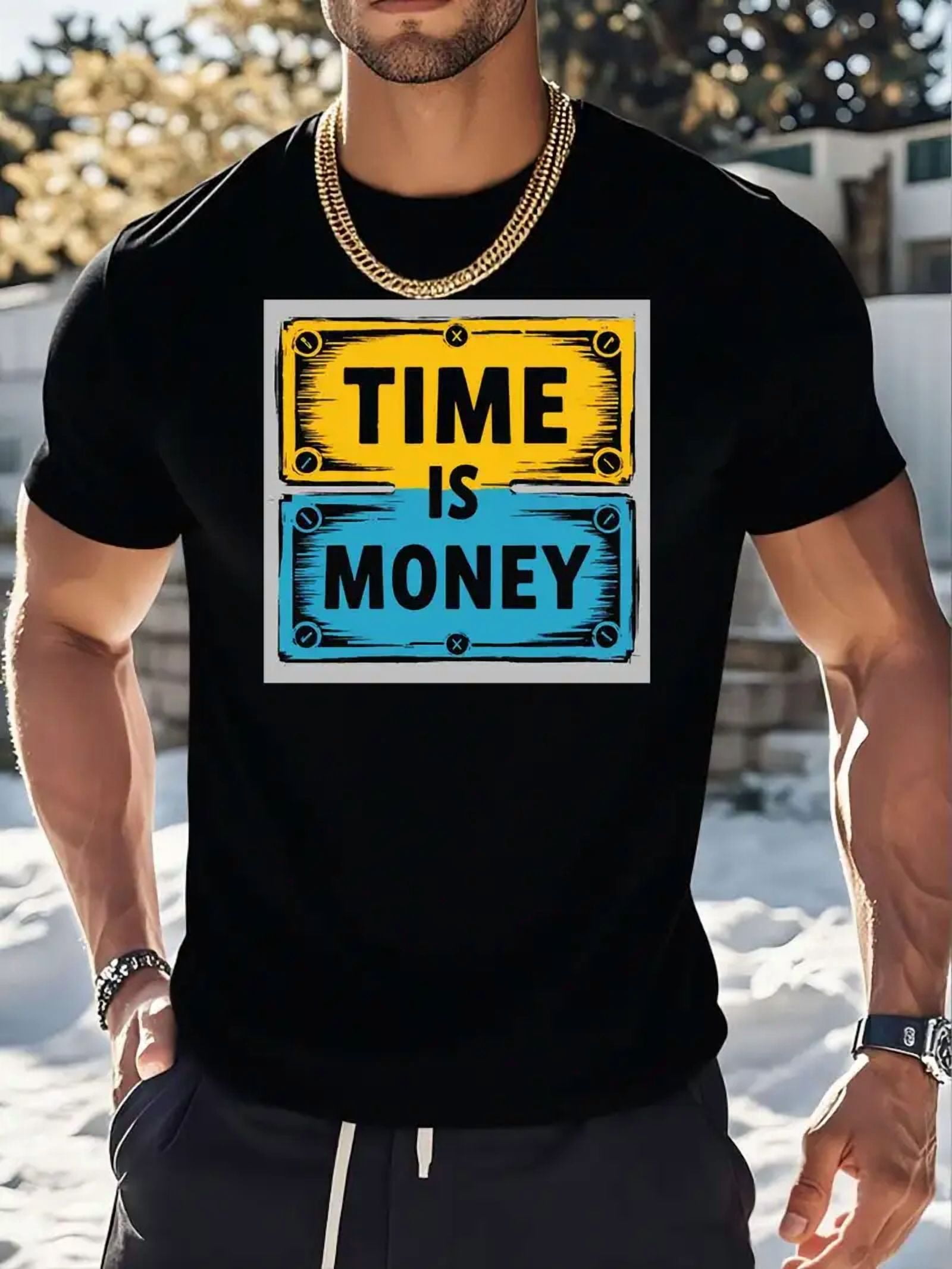 1pc Men's Heavyweight 100% Cotton T-Shirt - TIME IS MONEY Graphic Tee ...