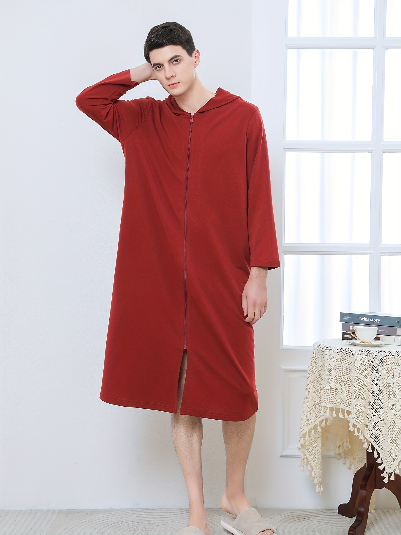 1pc Men's Lightweight Zip-Up Hooded Robe, Summer Thin Sleepwear ...