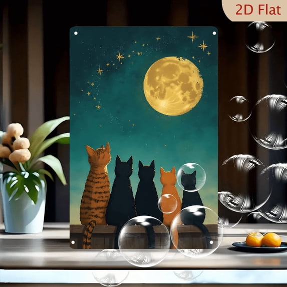 1pc Metal Tin Sign, 8x12 Inches, Whimsical Five Cats Moon Gazing Art ...