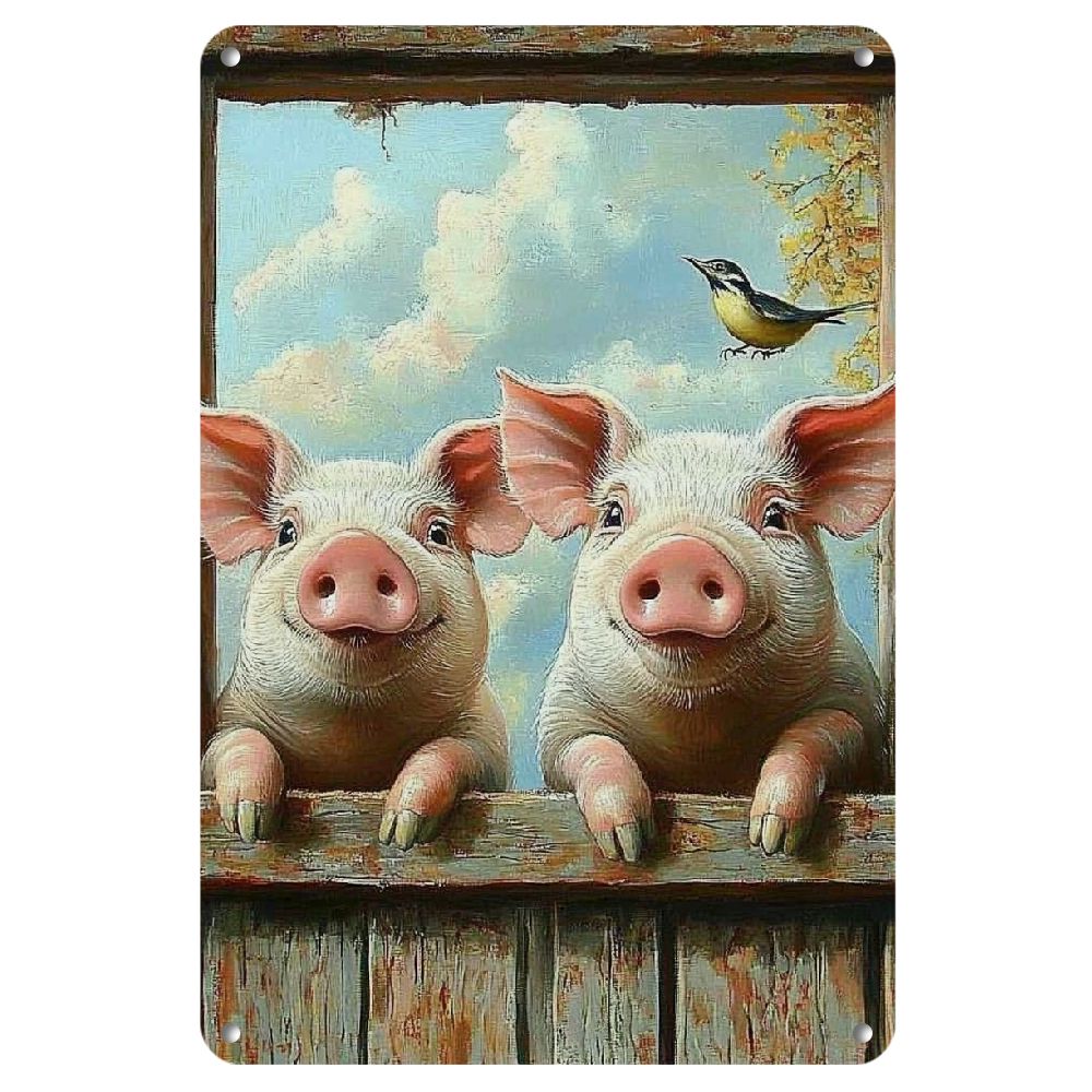 1pc Metal Tin Sign Wall Art Decor - Farmhouse Style Funny Pigs Window ...