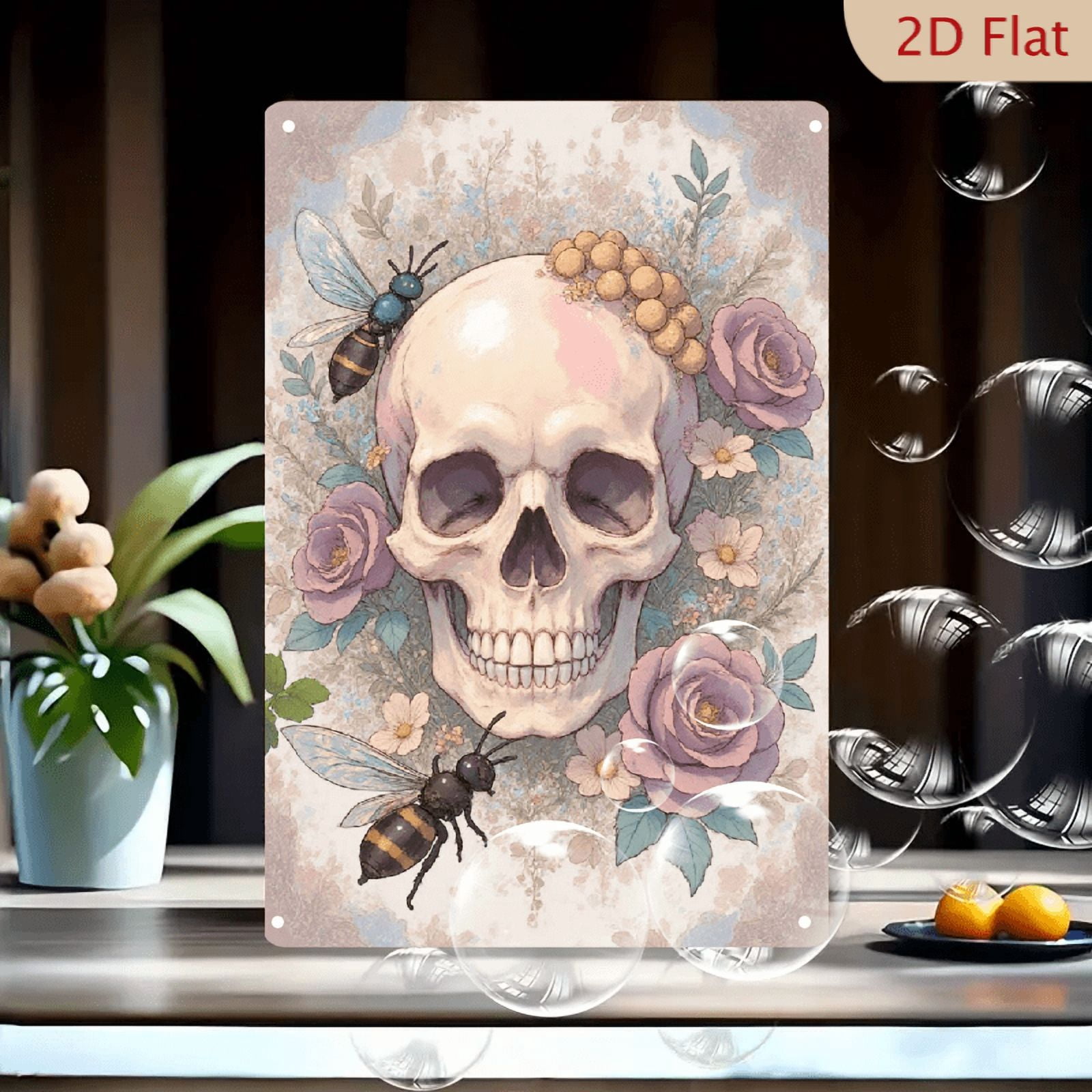1pc Metal Wall Art, 8x12 Inches, Pastel Whimsical Skull with Bees ...