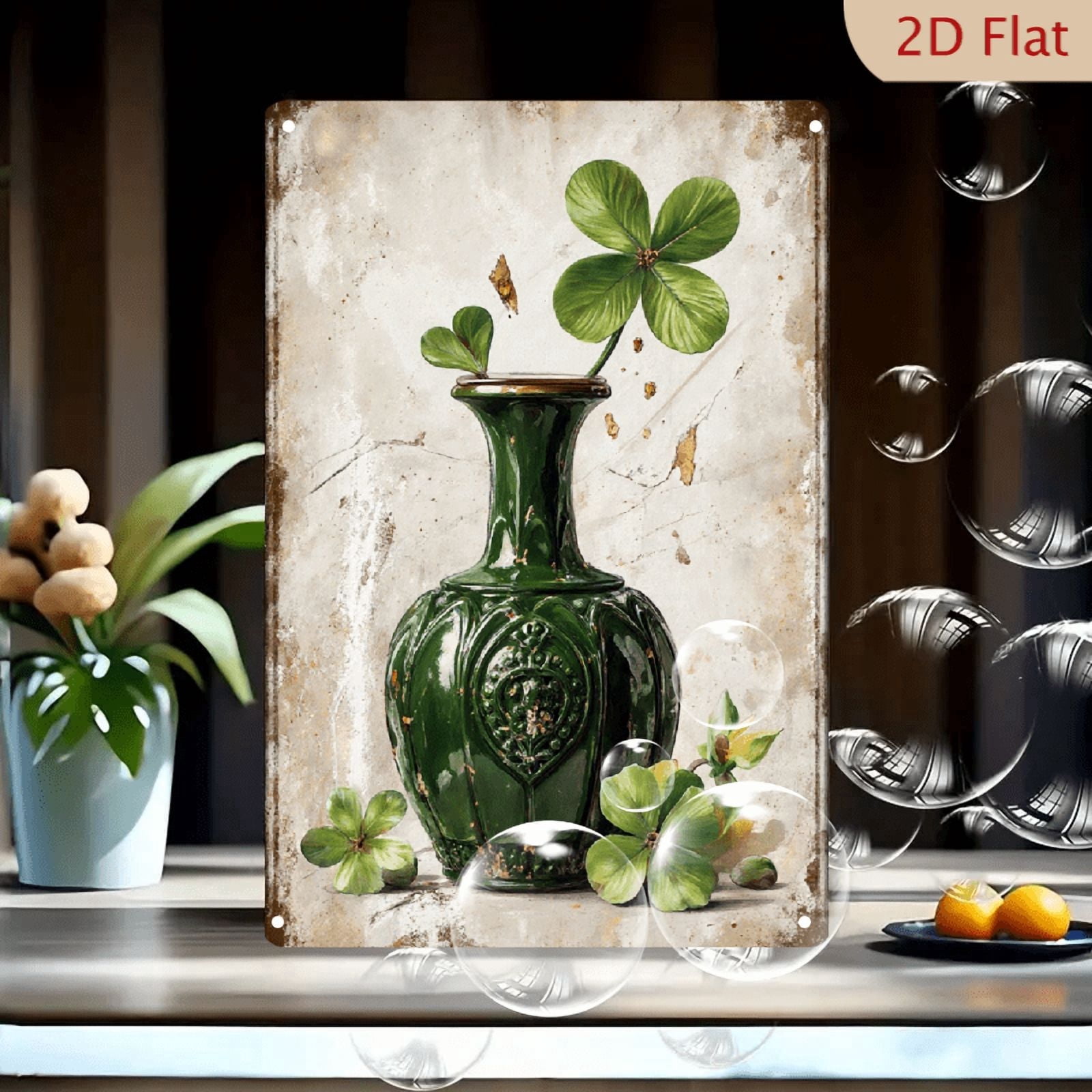 1pc Metal Wall Art, 8x12 Inches, Vintage Green Ceramic Vase with Four ...