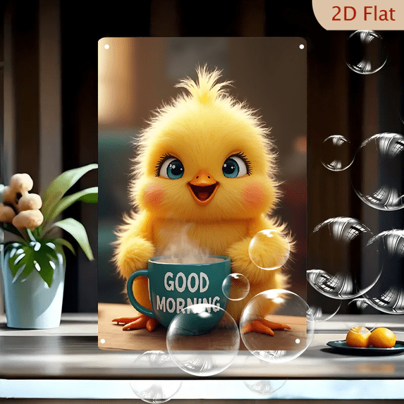 1pc Metal Wall Sign, 8x12 Inches, Adorable Fluffy Yellow Chick Holding ...